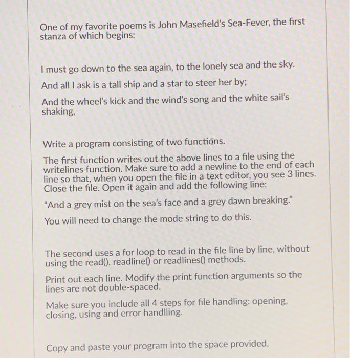 Solved One of my favorite poems is John Masefield's | Chegg.com