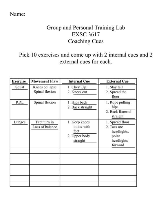 Solved Name: Group and Personal Training Lab EXSC 3617 | Chegg.com