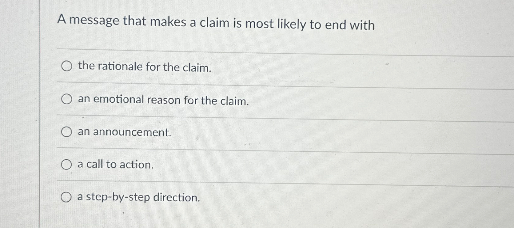 Solved A message that makes a claim is most likely to end | Chegg.com