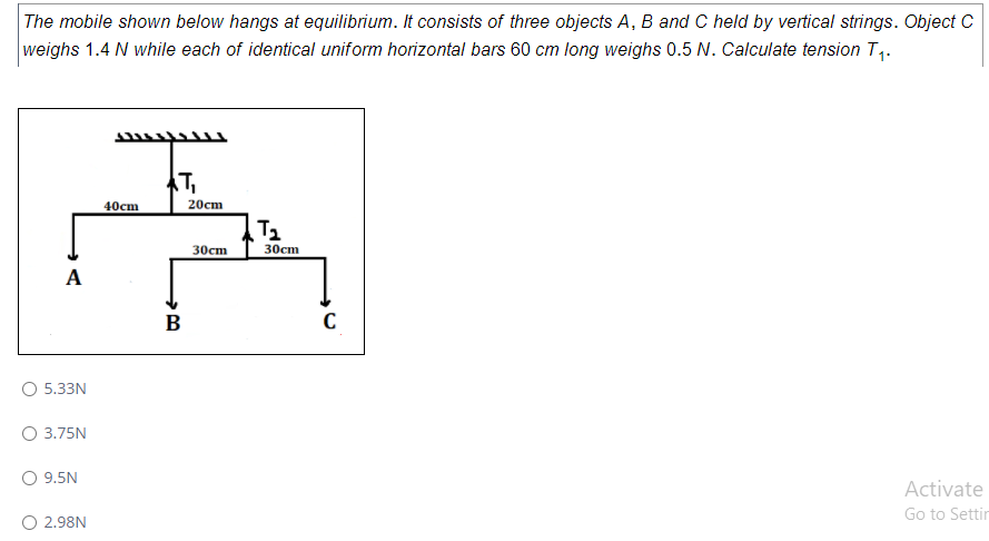 Solved The mobile shown below hangs at equilibrium. It | Chegg.com