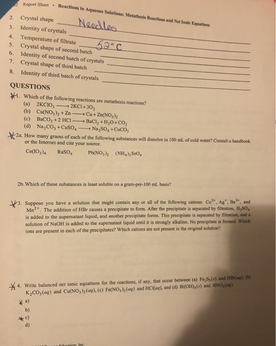 Solved Report Sheet Reactions in Aqueous Solutions: | Chegg.com