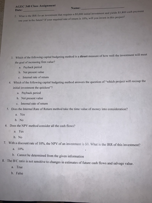 Solved AGEC 340 Class Assignment Date: Name: 2. What is the | Chegg.com