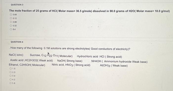 Solved The mole fraction of 25 grams of HCl( Molar mass | Chegg.com