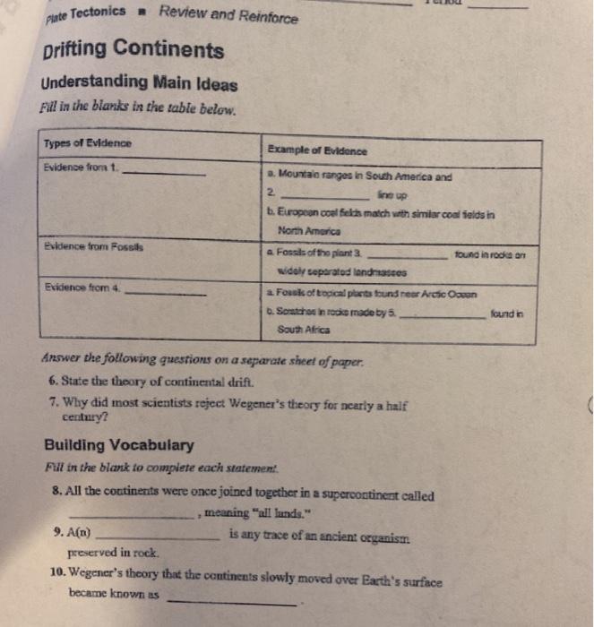 Solved Plate Tectonics Review and Reinforce Drifting | Chegg.com