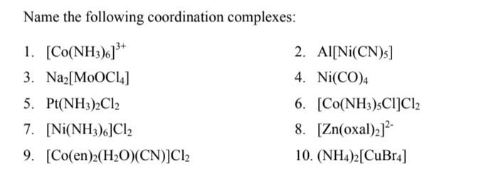 Solved Name the following coordination complexes: 1. | Chegg.com