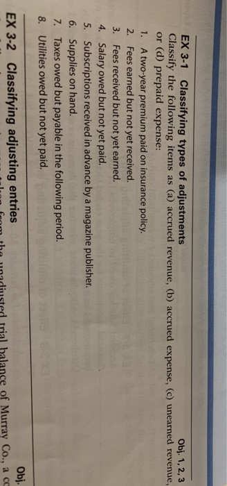 Solved EX 3-1 Classifying types of adjustments Obj. 1,2,3 | Chegg.com Solved EX 3-1 Classifying types of adjustments Obj. 1,2,3 | Chegg.com