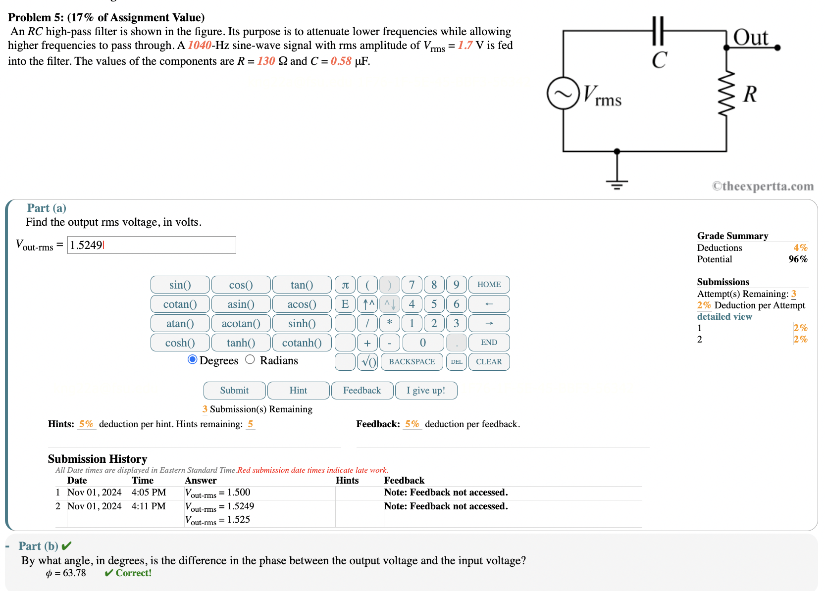 Solved Problem 5: (17% ﻿of Assignment Value)An RC high-pass | Chegg.com