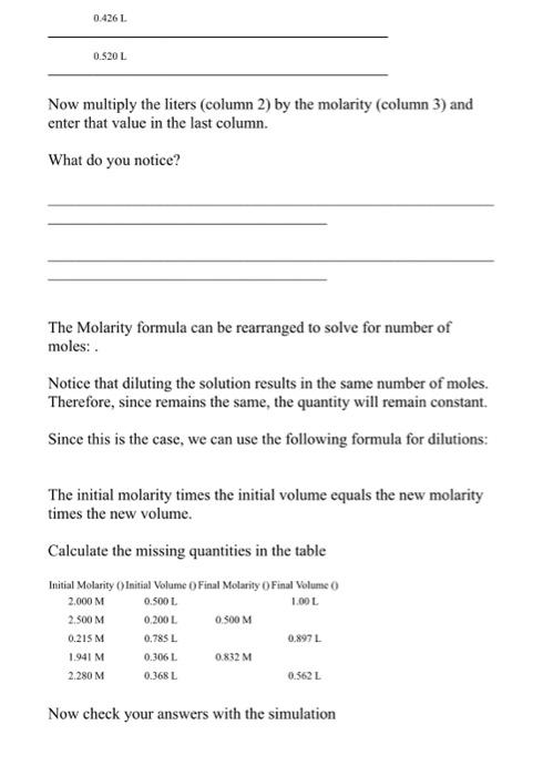 Solved Molarity Practice Calculations Calculate the missing | Chegg.com