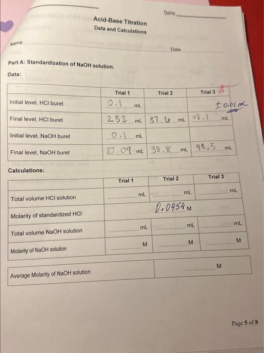 Solved Part A: Standardization of NaOH solution. Data: | Chegg.com