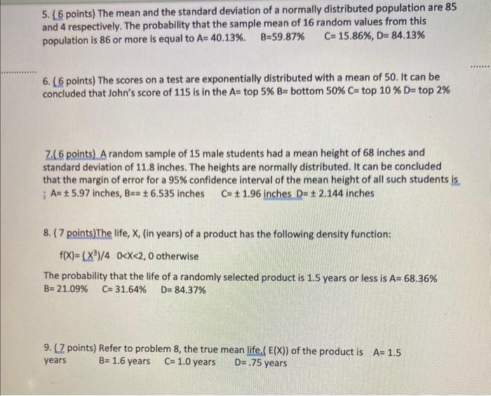 Solved 5. ( 6 points) The mean and the standard deviation of | Chegg.com