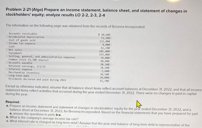 Solved Problem 2-21 (Algo) Prepare an income statement, | Chegg.com