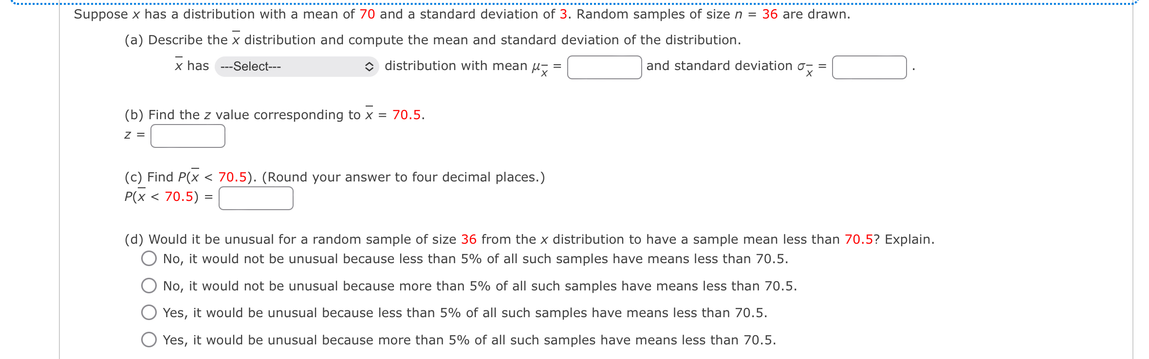 Solved Suppose x ﻿has a distribution with a mean of 70 ﻿and | Chegg.com