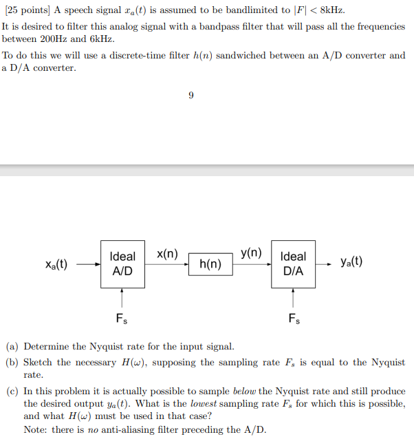 Solved [25 ﻿points] ﻿A speech signal xa(t) ﻿is assumed to be | Chegg.com
