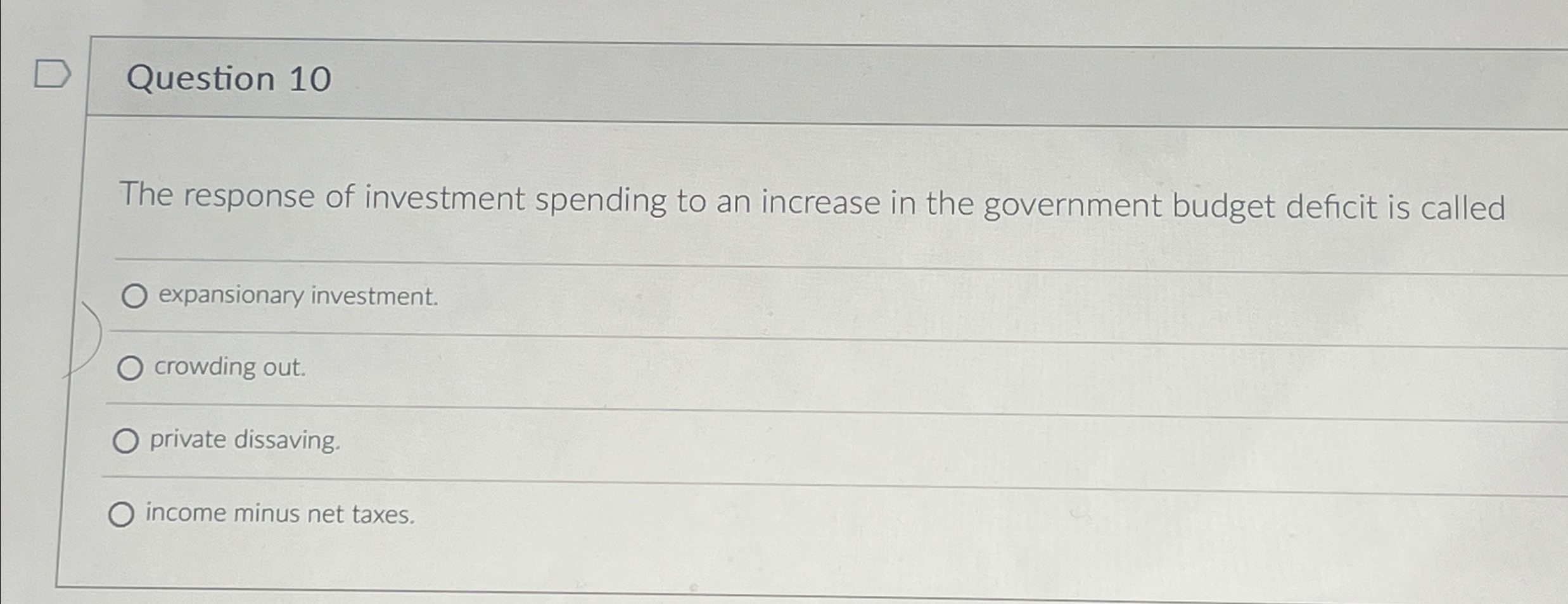 Solved Question 10The response of investment spending to an | Chegg.com