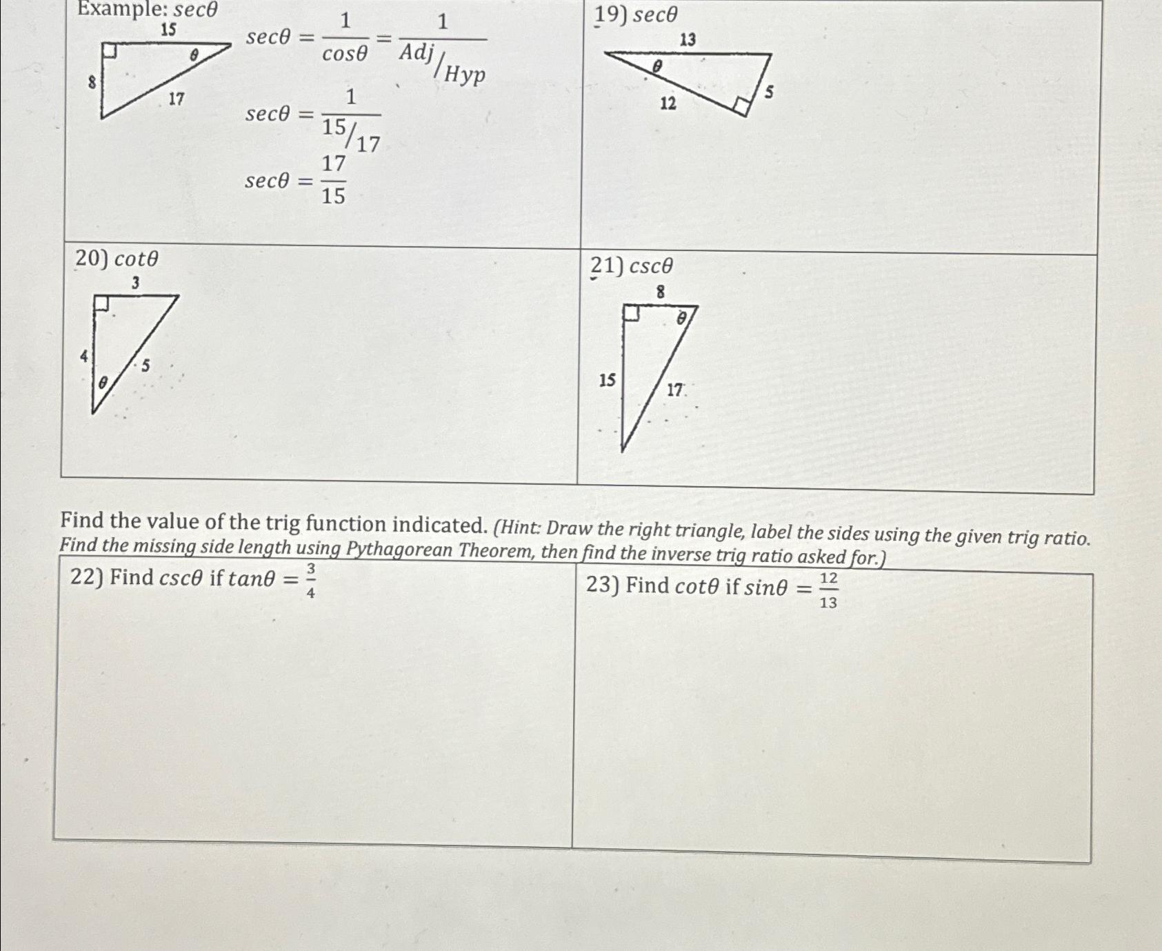 Solved \table[[secθ=11517 | Chegg.com