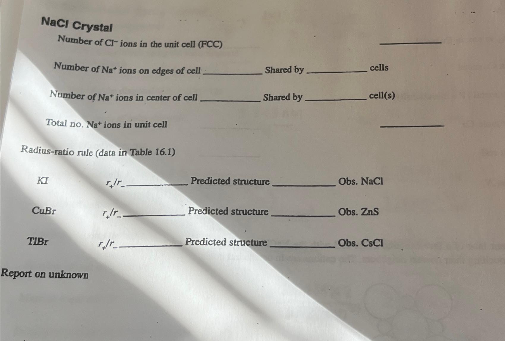 Solved NaCl CrystalNumber of Cl-ions in the unit cell | Chegg.com