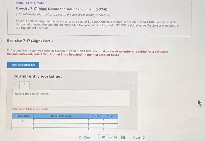 Solved Required information Exercise 7-17 (Algo) Record the | Chegg.com