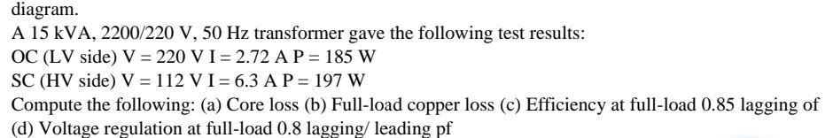 Solved A 15kVA,2200/220 V,50 Hz transformer gave the | Chegg.com