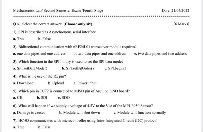 Solved Mechatronics Lab/ Second Semester Exam /Fourth Stage | Chegg.com