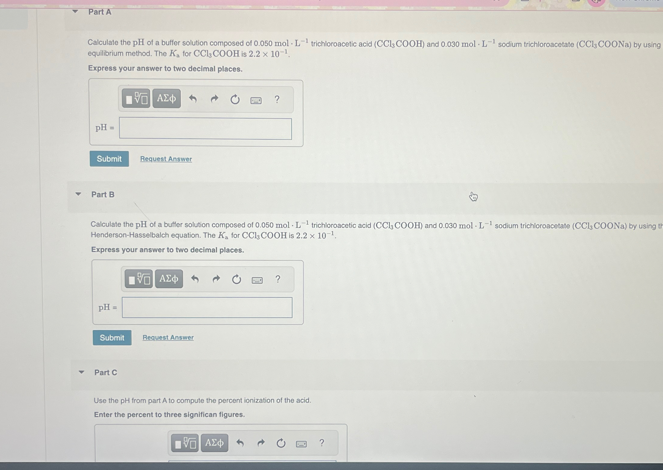 Solved Part ACalculate the pH ﻿of a buffer solution composed | Chegg.com