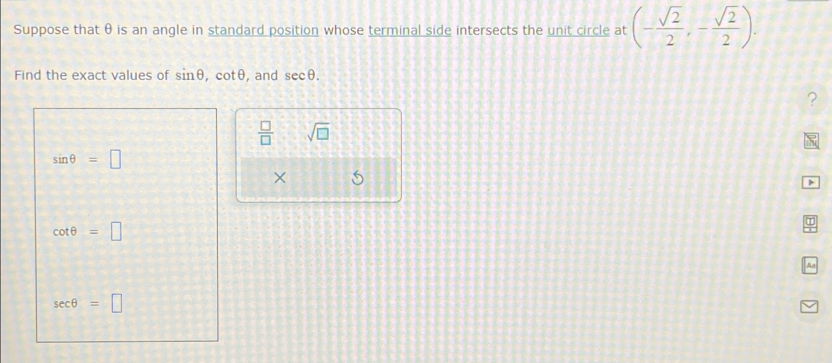 Solved Suppose that θ ﻿is an angle in standard position | Chegg.com