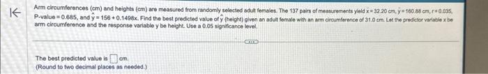 Solved Arm circumferences (cm) and heights (cm) are measured | Chegg.com