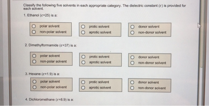 Solved Classify the following five solvents in each | Chegg.com