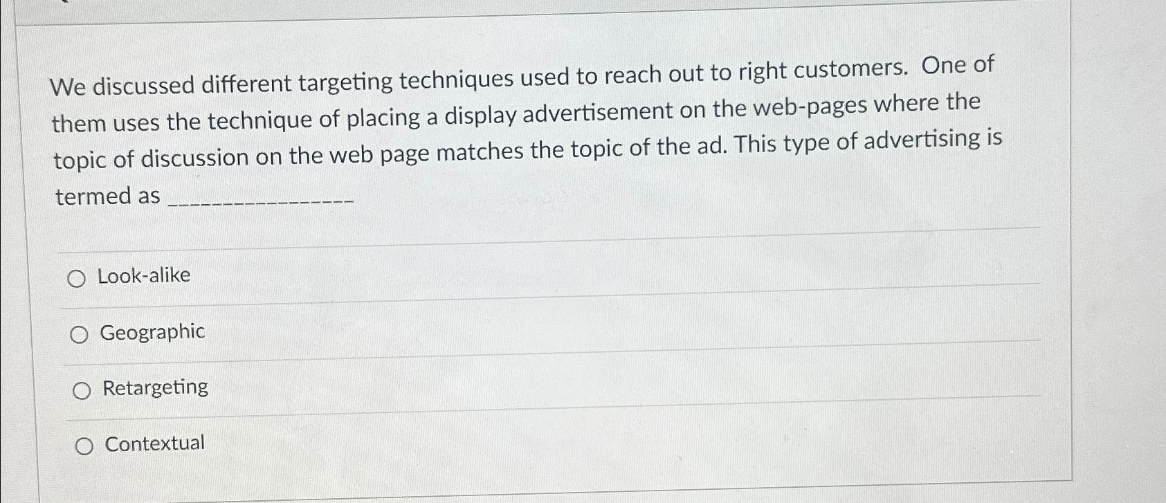 Solved We discussed different targeting techniques used to | Chegg.com