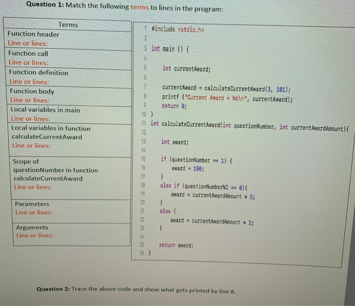 Solved Question 1: Match the following terms to lines in the | Chegg.com