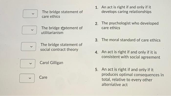Solved The bridge statement of care ethics 1. An act is | Chegg.com