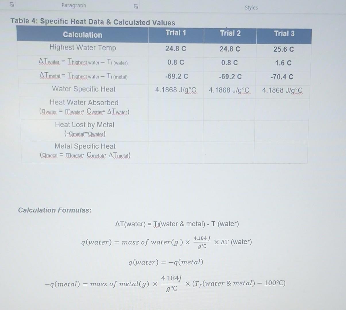 Solved Table 4: Specific Heat Data \& Calculated Values | Chegg.com