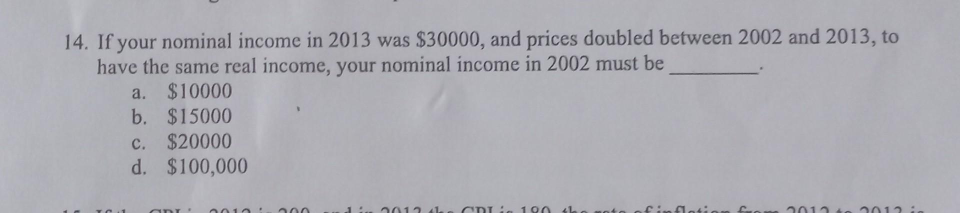 Solved 14. If your nominal income in 2013 was $30000, and | Chegg.com