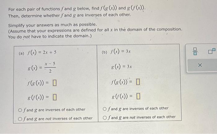 Solved For each pair of functions \\( f \\) and \\( g \\) | Chegg.com