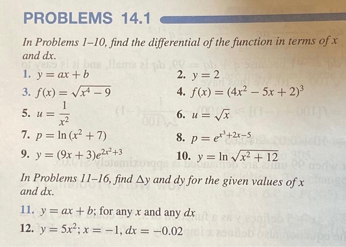Solved PROBLEMS 14.1 In Problems 1-10, find the differential | Chegg.com