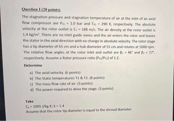 Solved Question I (20 points) The stagnation pressure and | Chegg.com