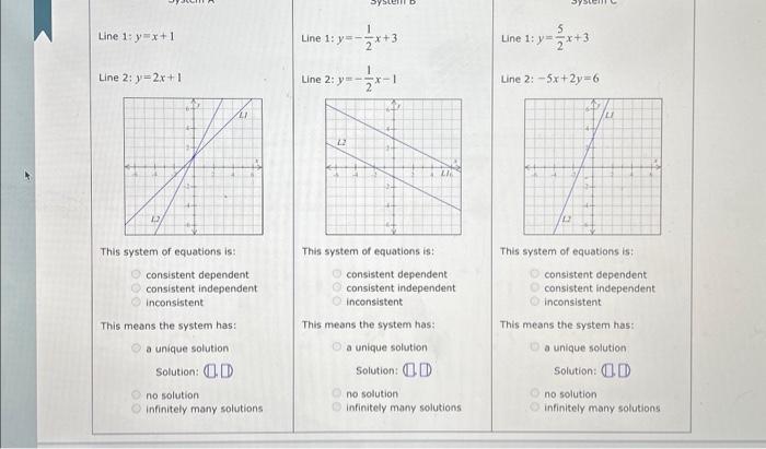 Solved 1: y=x+1 Line 1: y=−21x+3 Line 1: y=25x+3 2: y=2x+1 | Chegg.com