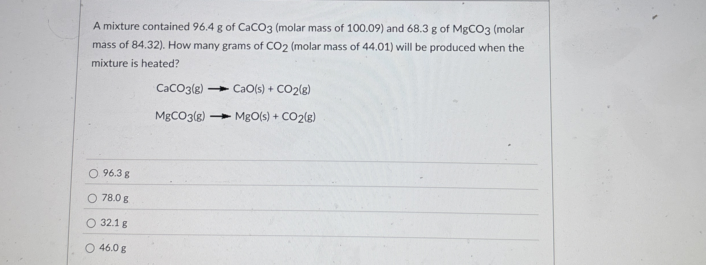 Solved A mixture contained 96.4 ﻿g of CaCO3 (molar mass of | Chegg.com