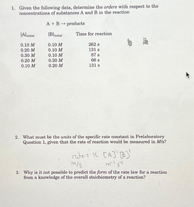 Solved 1. Given the following data, determine the orders | Chegg.com