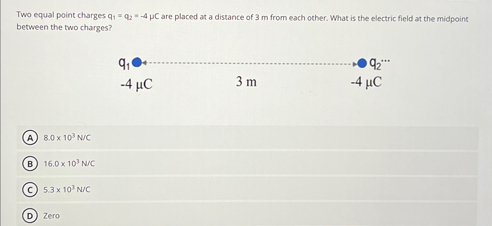 Solved Two equal point charges q1=q2=-4μC ﻿are placed at a | Chegg.com