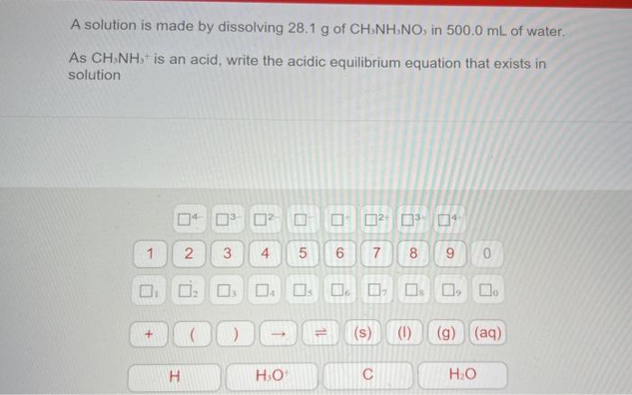 Solved A solution is made by dissolving 28.1 g of CH3NH3NO3 | Chegg.com