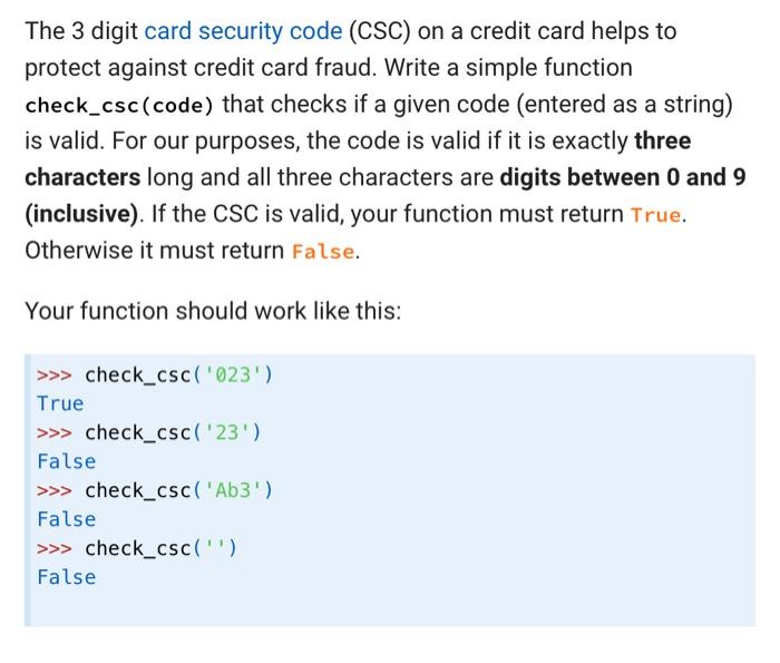 Solved The 3 digit card security code (CSC) on a credit card | Chegg.com