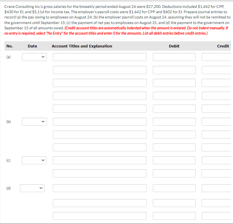 Solved Crane Consulting Inc.'s gross salaries for the | Chegg.com