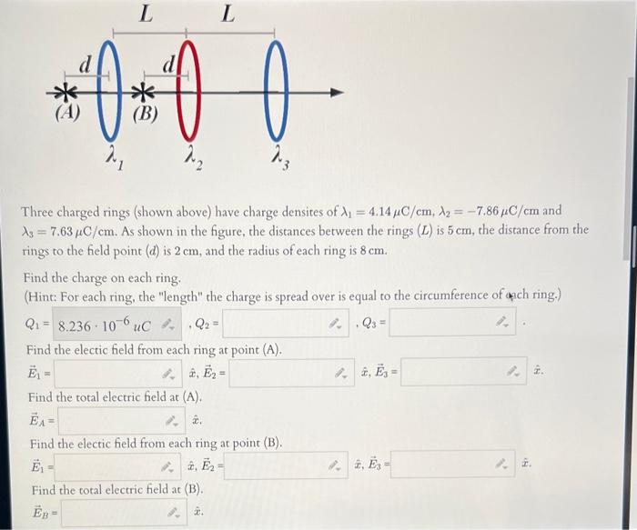 Solved Three charged rings (shown above) have charge | Chegg.com