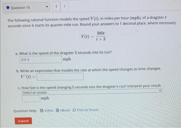 Solved The following rational function models the speed | Chegg.com