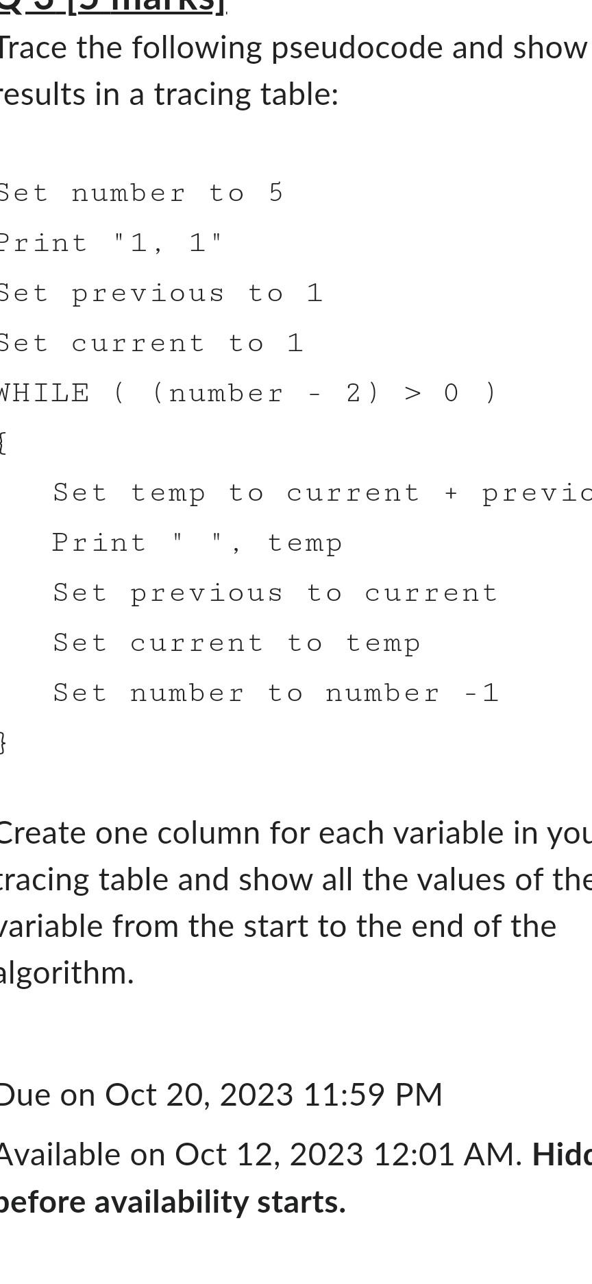 Solved Esults In A Tracing Table Set Number To 5 Rint 1 3051