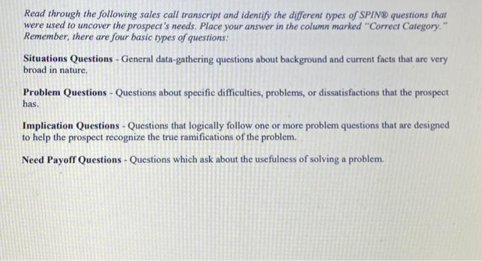 Solved Read through the following sales call transcript and | Chegg.com