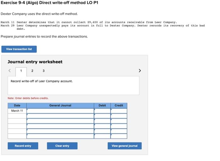 Solved Exercise 9-4 (Algo) Direct write-off method LO P1 | Chegg.com