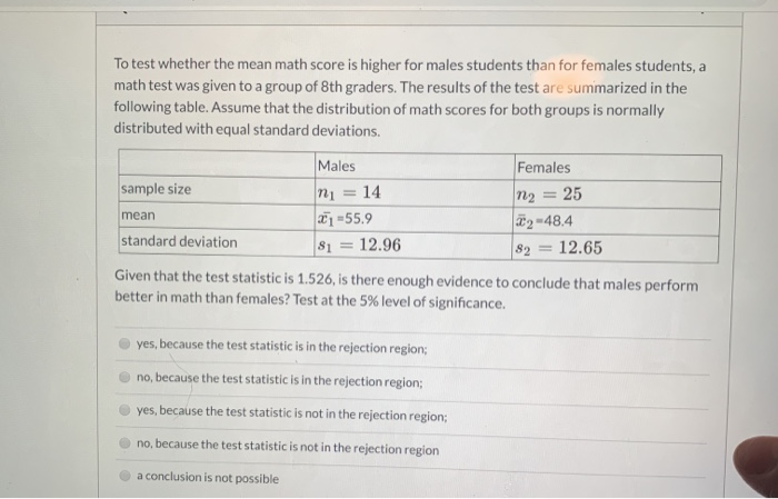 Solved To test whether the mean math score is higher for | Chegg.com