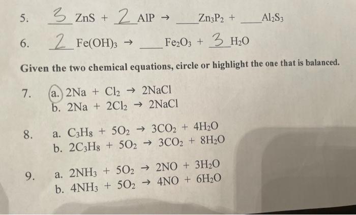 Solved 5. 3ZnS+∑AlP→Zn3P2+Al2 S3 6. 2Fe(OH)3→−Fe2O3+3H2O | Chegg.com