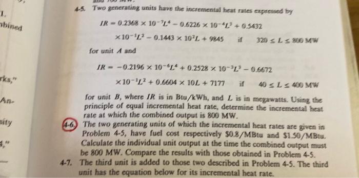Solved 4-5. Two generating units have the incremental heat | Chegg.com